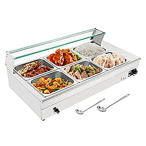 LOYALHEARTDY 110V 1.2kW Bain Marie Food Warmer 6 Pan x 1/2 GN, Food Grade 201 Stainelss Steel Electric Steam Table 6-Inch Deep with Glass Cover Buffet Food Warmer Steam Table for Catering Restaurants