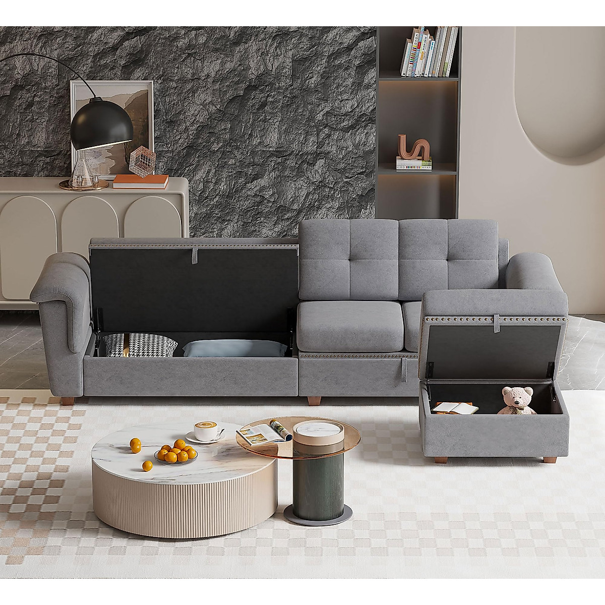 Jarenie Convertible Sectional Sofa, 4 Seat L Shaped Couch with Reversible Storage Chaise and Cupholder, Wooden Legs, Upholstered Fabric for Living Room, Apartment, Office (Light Grey)