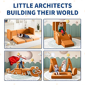 wanan Kids Couch 12PCS, Modular Kids Play Couch for Playroom Bedroom, 12 in 1 Multifunctional Kids Sofa for Playing, Creativing, Sleeping, Indoor Toddler Couch for Boys and Girls (Light Brown)