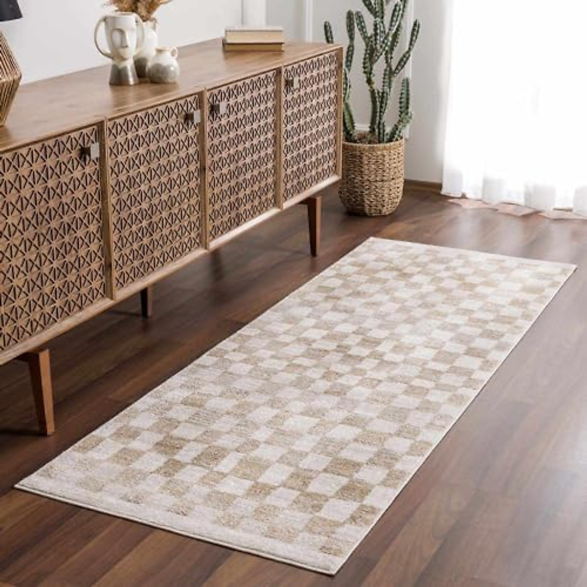 BoutiqueRugs Benjy Modern Checkered Area Rug - Contemporary Geometric Carpet for Living Room, Bedroom, Kids Room, Nursery - Cream, Gold - 5'3" x 7' (5x7 Area Rug)