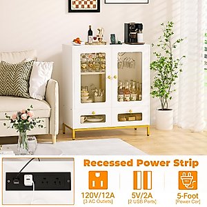 Sideboard Buffet Cabinet with Storage, Wine Bar Cabinet with Power Outlet & LED Light, Kitchen Storage Cabinet with Drawers, Liquor Coffee Bar Cupboard Buffet Table for Dining Room, White