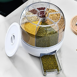 Rotating Grain Dry Food Dispenser Countertop - 6 Grids Cereal Tank for Lentils, Rice, Beans - Transparent Kitchen Pantry Storage Container, 360° Rotatable Design, Max 22 lbs Capacity, White - PET+PP