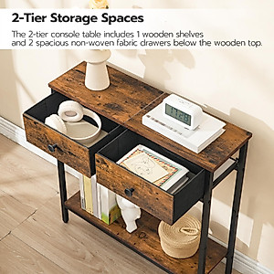 HOOBRO 29.5" Narrow Console Table with 2 Fabric Drawers, Small Entryway Table with 2-Tier Storage Shelves, Thin Sofa Table, Side Table, for Living Room, Hallway, Rustic Brown and Black BF71XG01