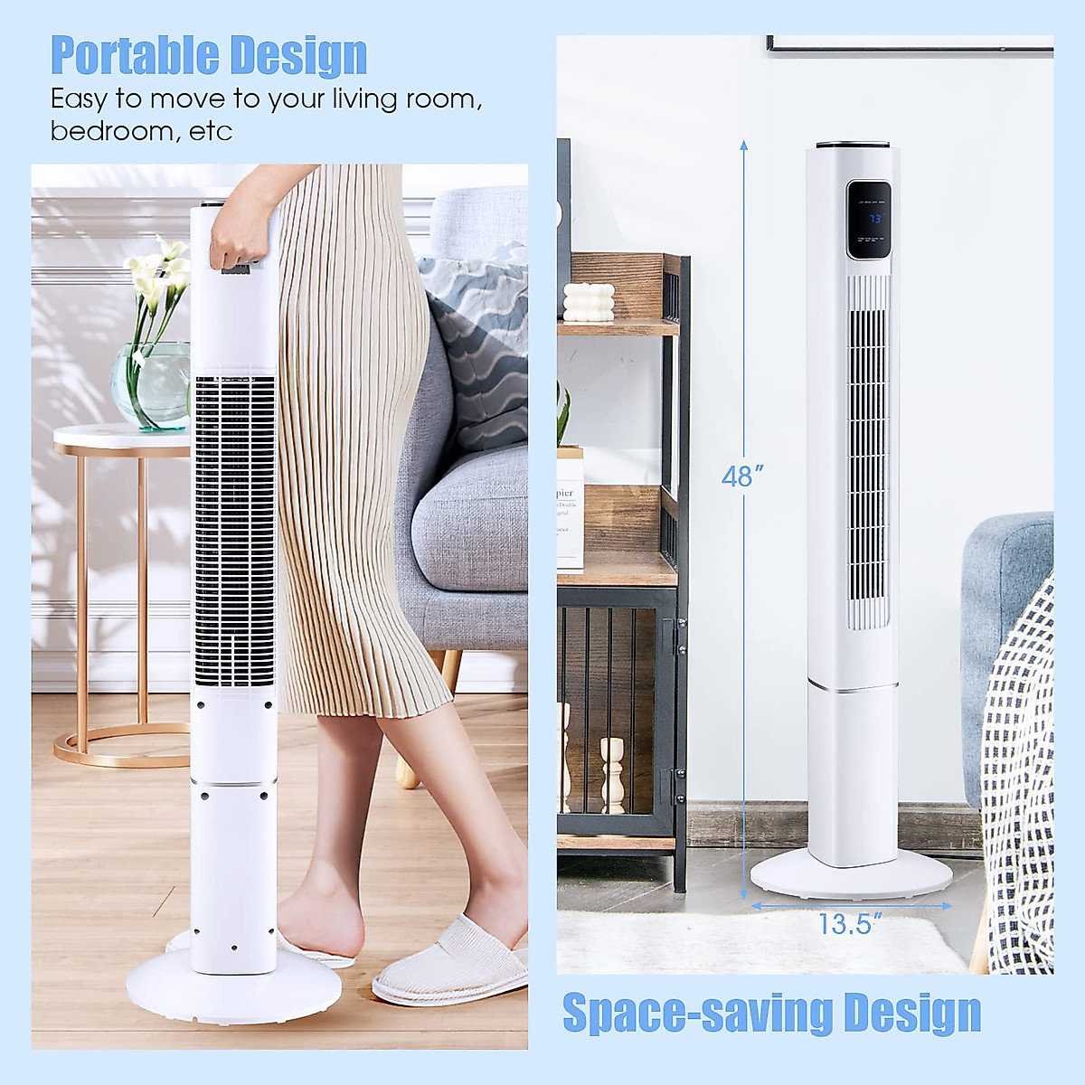LDAILY 48 Inch Oscillating Tower Fan, Quiet Powerful Bladeless Fan with 3 Speeds, 3 Modes, Remote Control, 15H Timer, LED Display, Floor Standing Household Fan for Bedroom Living Room Office