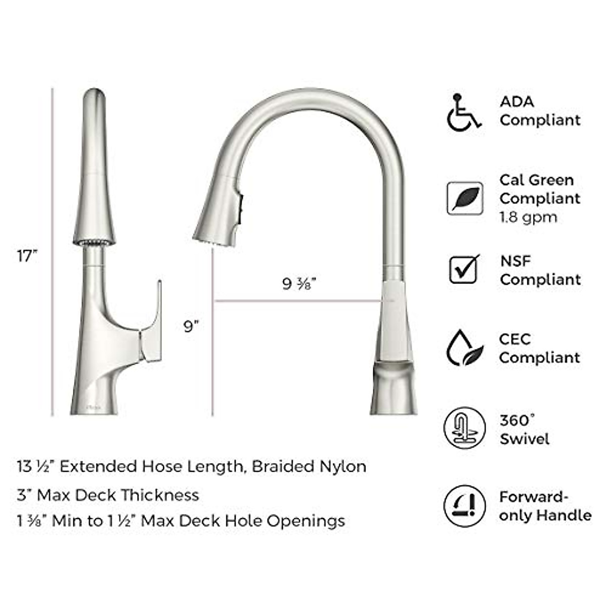 Pfister Norden Kitchen Faucet with Pull Down Sprayer, Single Handle, High Arc, Stainless Steel Finish, GT529NRS