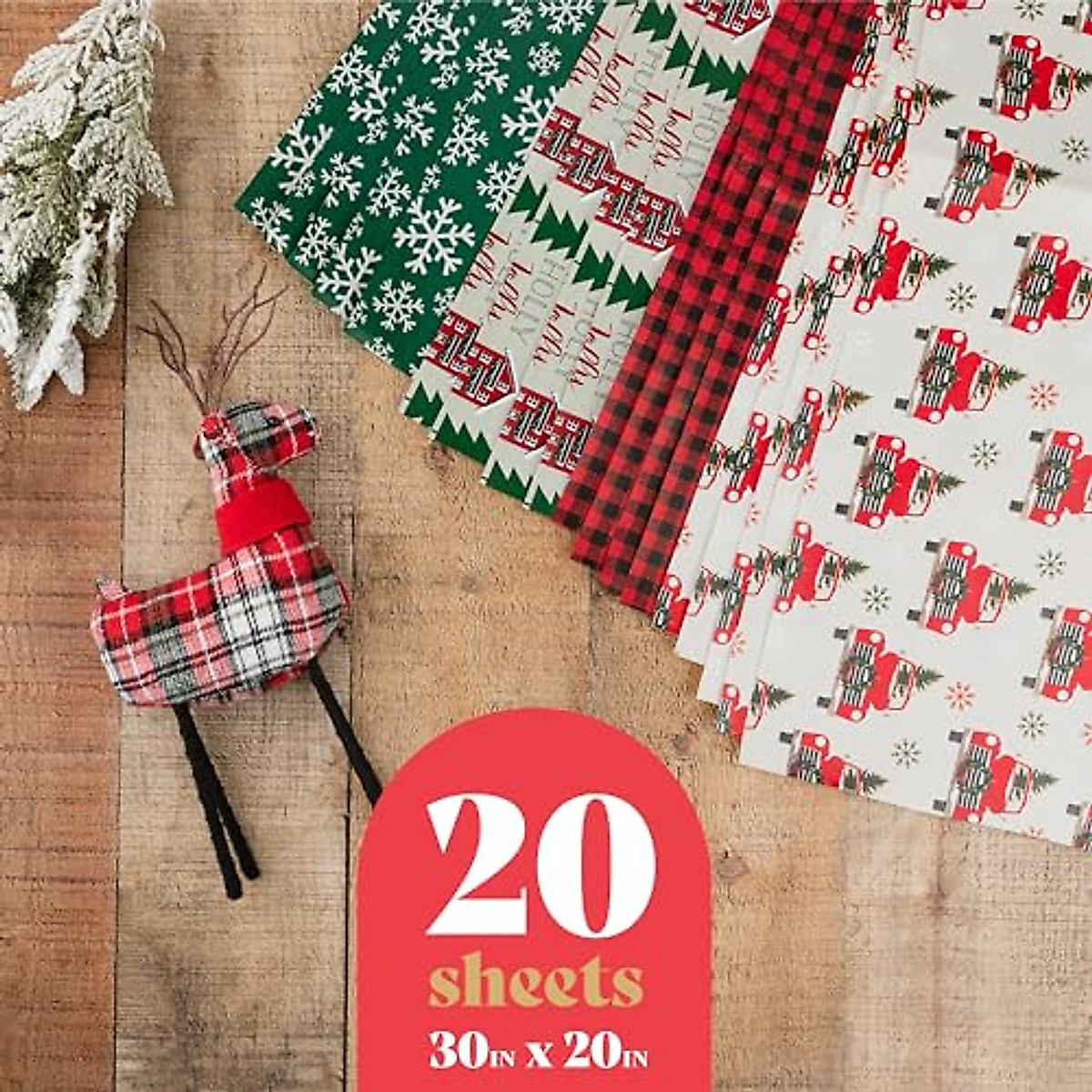 Christmas Wrapping Paper Sheets- 20 Precut Sheets Christmas Gift Wrap Paper- Christmas Paper Wrapping Sheets (30"x20")- 4 Unique Patterns of Holiday Wrapping Paper, 20 Sheets