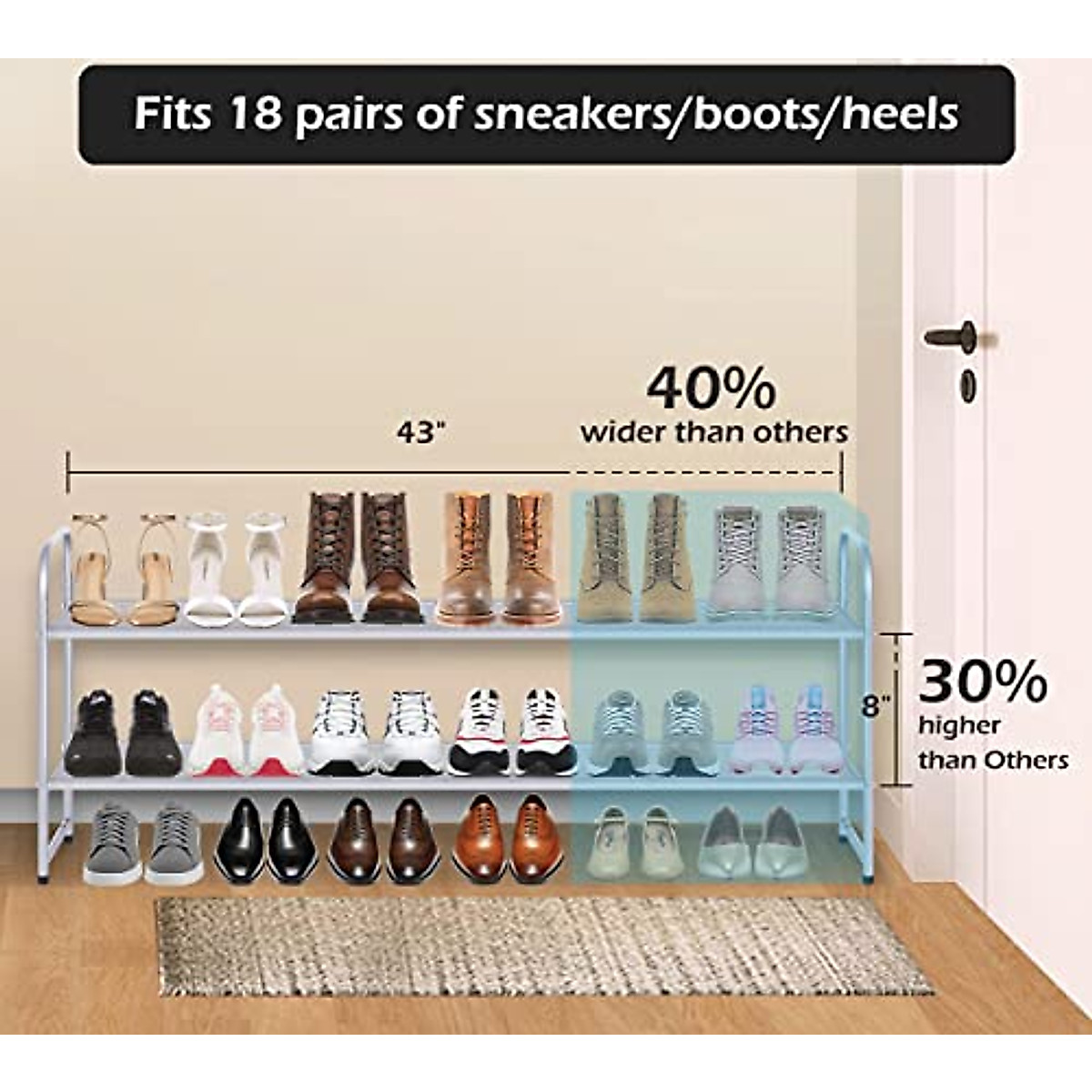 MISSLO 2 Tier Long Shoe Rack for Closet and 4 Tier Long Shoe Organizer for Closet Shoe Organizer Holds Wide Low Stackable Shoe Storage Shelf for Bedroom Floor, Men Boots, Women Heels, Kids Sneakers