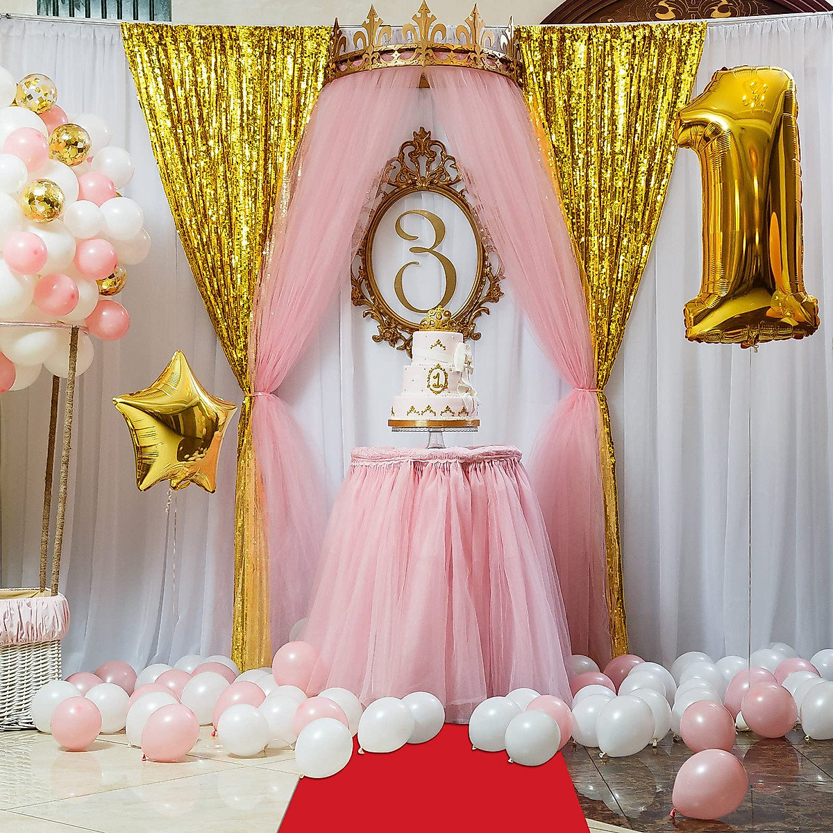 Tegeme Carpet Runner Aisle 2.6 x 30 Feet with Carpet Tape and 4 Pieces of 8.2 x 3.2 Feet Metal Tinsel Tassel Curtains for Halloween Birthday Wedding Party Decoration(Red)