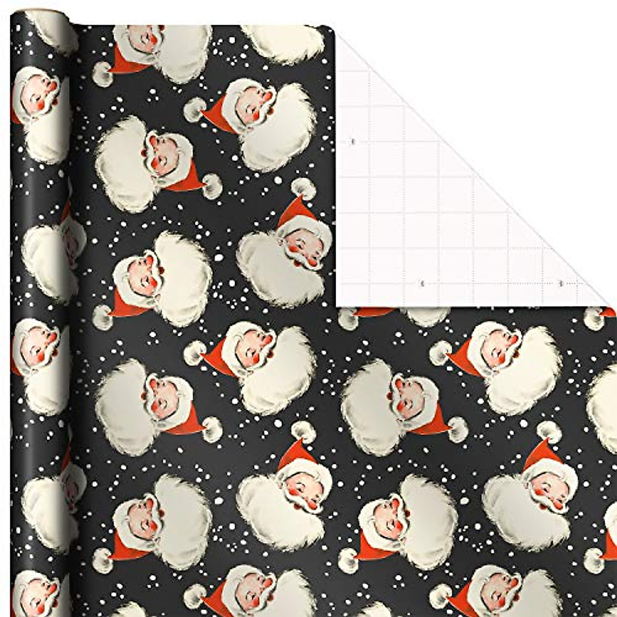 Hallmark Black Christmas Wrapping Paper with Cut Lines on Reverse (3 Rolls: 120 sq. ft. ttl) Retro Santa, Black and White Buffalo Plaid, Train and Trees