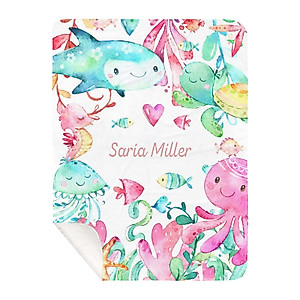 Sea Ocean Octopus Whale Personalized Baby Blanket for Girl Boy Soft Warm Newborn Throw Naps Swaddle Custom Blanket 30X40 in