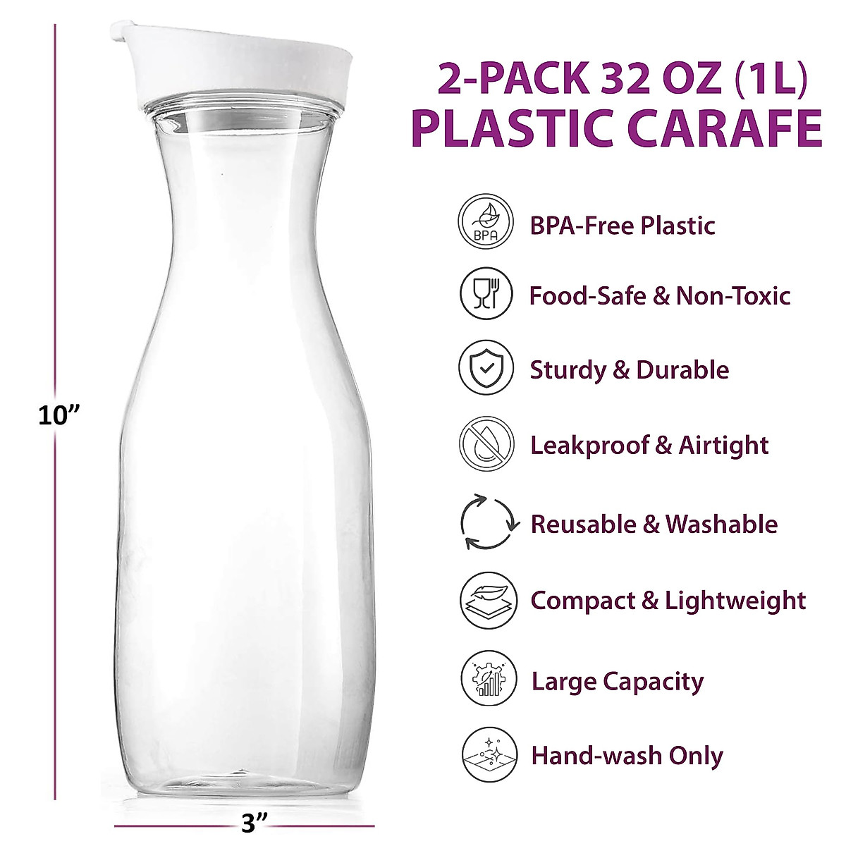 DilaBee Plastic Water Pitcher With Lid (32 Oz) Round Carafe Pitchers for drinks, Milk, Smoothie, Iced Tea, Mimosa Bar - Juice Containers with Lids for Fridge - BPA-Free (2-Pack) - Not Dishwasher Safe