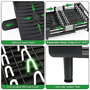 Ollieroo Dish Drying Rack, Rustproof Dish Racks for Kitchen Counter with Removable Utensil Holder,Knife Slots and Cups Holder,Large Capacity Drying Rack for Storage Plates Bowls Cups Utensil(Black)