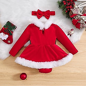 Baby Girls Christmas Romper Dress Cute Furry Long Sleeve Bodysuit Tutu Skirt Velvet Xmas Outfits Winter Clothes (Red Furry Dress, 3-6 Months)