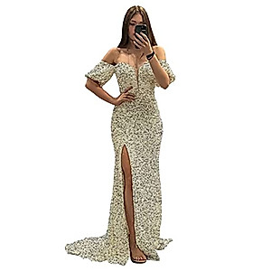 White Slive Sequin Off Shoulder Sparkly Prom Dresses Long for Women with Puffy Sleeves Backless Mermaid Formal Evening Gowns with High Slit Fitted Size US 04