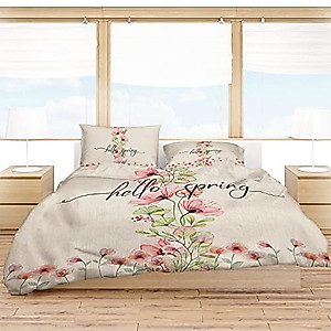Hello Spring California King Duvet Cover Set, Teal Red Spring Floral Botanical Rustic Burlap Microfiber 3 Piece Bedding Set with 2 Pillowcases & 1 Quilt Cover, 92"W x 106"L, California King Size