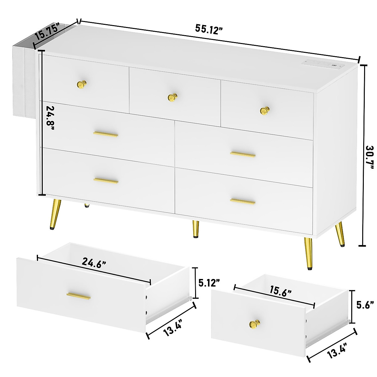 SOSPIRO 7 Drawer Dresser for Bedroom, Modern White Gold Dresser with Wide Drawers and Power Outlets, Long Chest of Drawers for Living Room Hallway Entryway, White