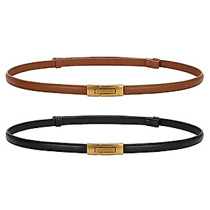 JASGOOD Women Skinny Belts Leather Thin Waist Belts for Dress Ladies Belts with Gold Buckle 2 Pack