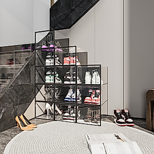 Skylook X-Large 12 Pack Shoe Organizer,Stackable Ultra Transparent Plastic Shoe Box for Closet,Durable Shoe Storage,Substitute shoe rack Fit for Women/Men High-top shoes(13.4”x 10.1”x 6.9”)