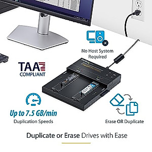 StarTech.com Standalone Dual Bay M.2 SATA/NVMe Duplicator/Eraser, HDD/SSD Cloner/Wiper for M.2 PCIe AHCI/NVMe, M.2 SATA, 2.5/3.5in Drives, Hard Drive Sanitizer/Copier, TAA (SM2DUPE11),Black