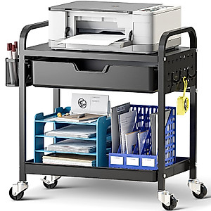 TOOLF 2 Tier Under Desk Mobile Printer Stand, Rolling Printer Cart with Storage Bag Drawer Desktop Organizer Utility Cart for Home Office Multi Purpose Fax Shelf with Caster Wheel - Black
