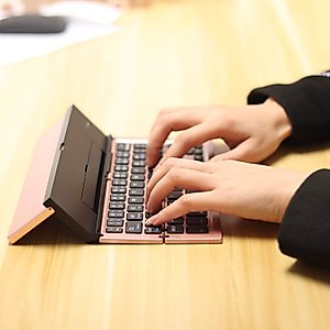 Geyes Bluetooth Keyboard Foldable Portable Folding Travel Keyboard for iPhone 15 Pro Plus/Xs/max/x/14/13 /12/11 /iPad/iPad Mini 4, Samsung Android Tablet Smart Phone (Rose Gold)