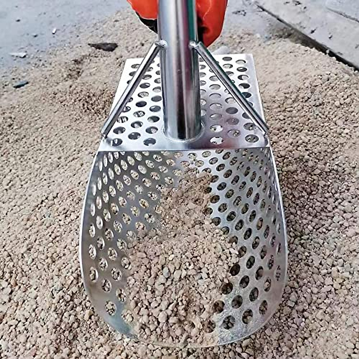 Sand Scoop for Metal Detecting, Stainless Steel with Hexahedron 10mm Holes for Beach Treasure Hunting + Gloves