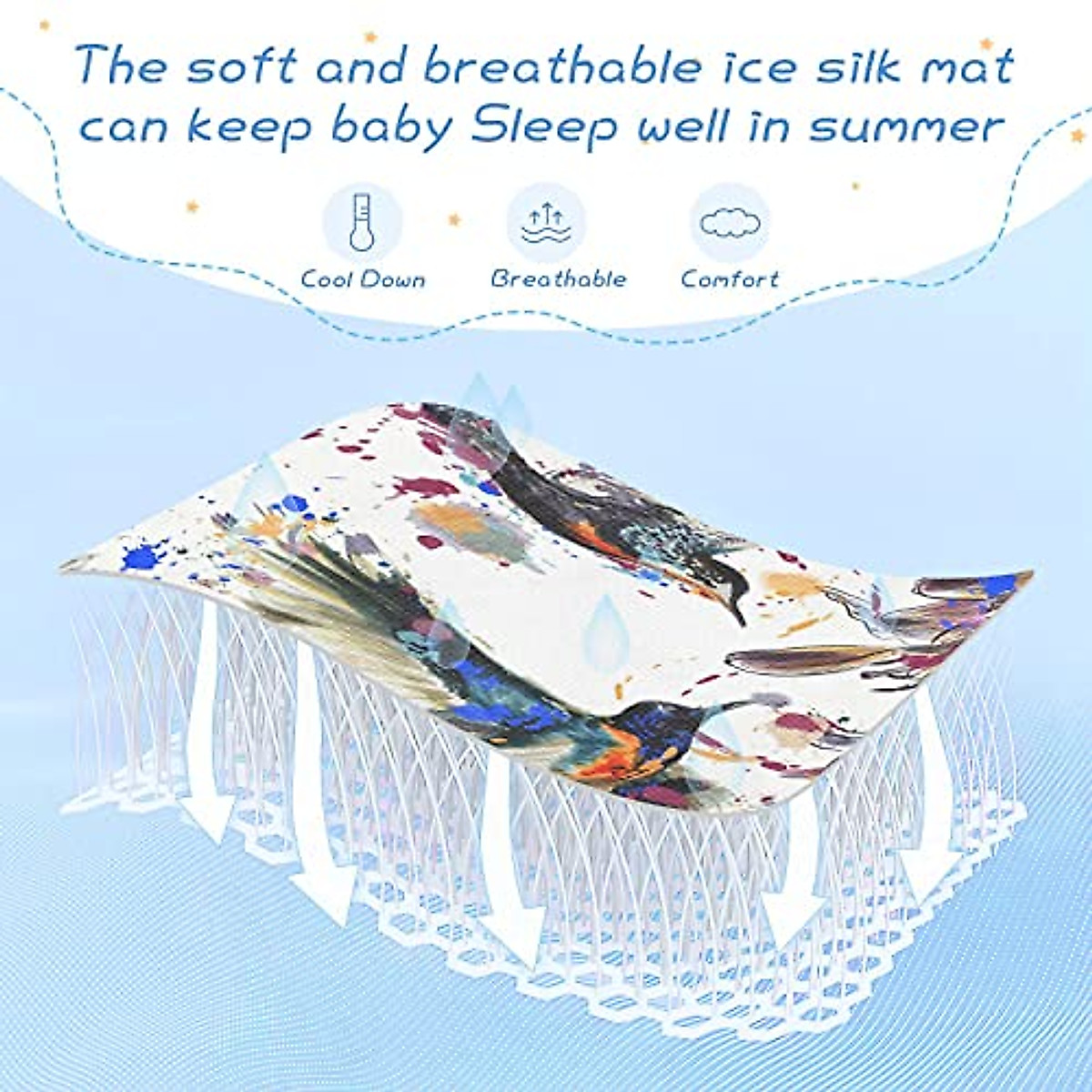 Blueangle Lily Flowers and Birds Watercolour Baby Bed Pad Washable Mattress Pad, Summer Crib Sheets Reusable Underpads Bed Ice Silk Mat Set with Pillowcase for Baby Toddler