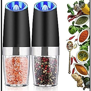 Electric Salt & Pepper Grinders - Black One Hand Grinder - Gifts for Him, Gifts for Home, Stocking Stuffer - 2 Pack