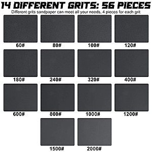 56 Pieces Sandpapers 60 to 2000 Assorted Grit Dry Wet Abrasive Sandpaper 9 x 11 Inches Waterproof Sanding Paper Sheets for Metal Sanding Wood Furniture Finishing Automotive Polishing