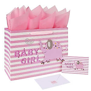 13" Large Pink Gift Bag Set with Greeting Card and Tissue Paper(3D elephant) for Baby Girl,Baby Shower,Kids Birthday Party,Newborn,New Moms or Parents-13” x 5.2” x 10.2”, 1 Pcs.