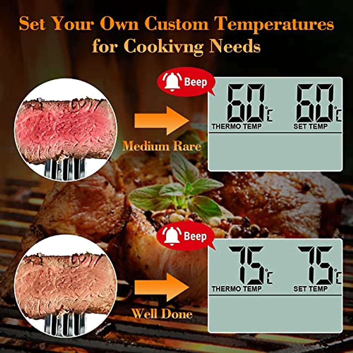 FYY Meat Thermometer, Digital Cooking Thermometer with Stainless Steel Long Food Temperature Probe and Alarm Timer for Liquids, Oven, Smoker, BBQ, Candy, Oil, Deep Frying Food Sliver