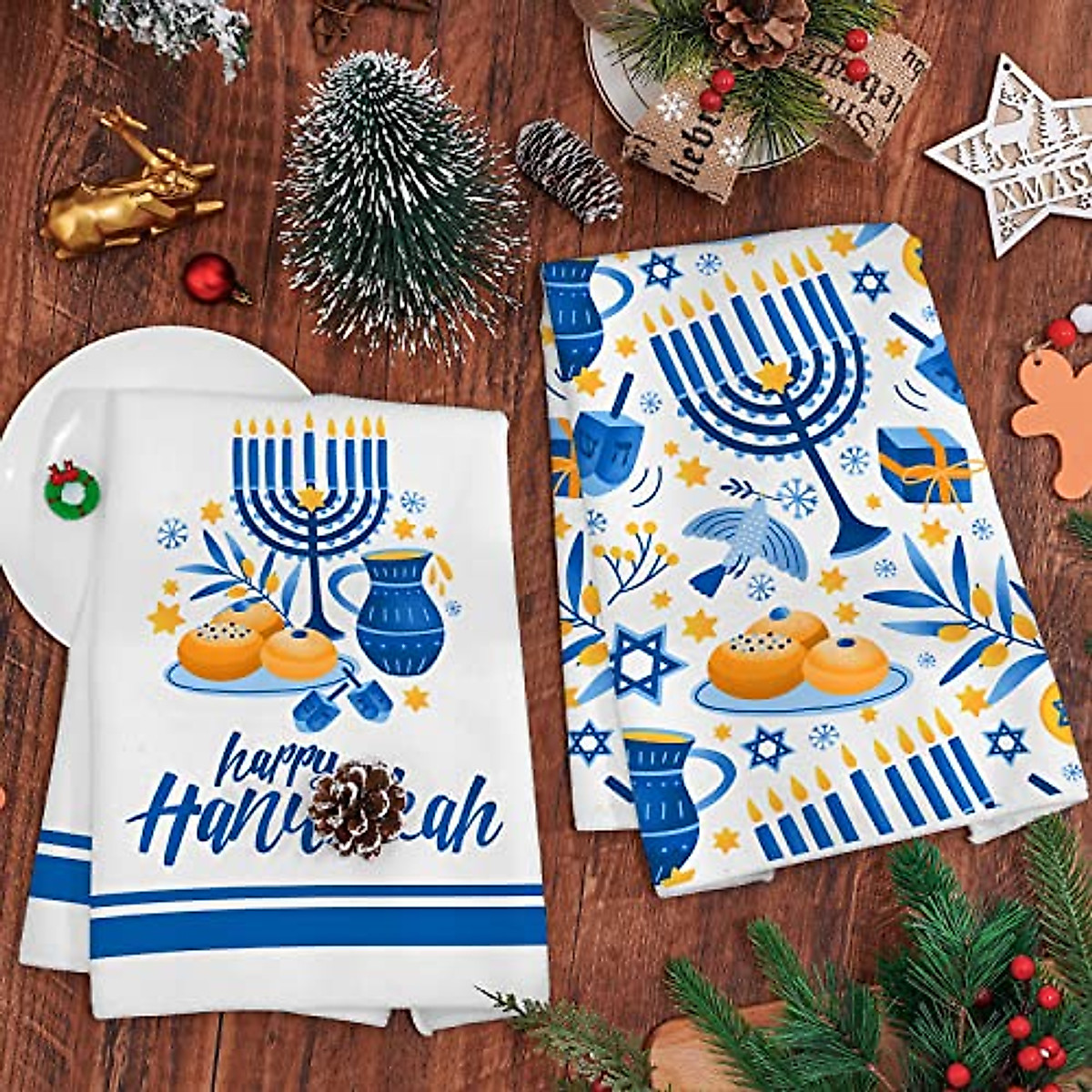 AnyDesign Happy Hanukkah Kitchen Towel 18 x 28 Inch Blue Watercolor Candlestick Dish Towel Jewish Festival Tea Towel Hand Drying Towel for Home Kitchen Cooking Baking, 2 Packs