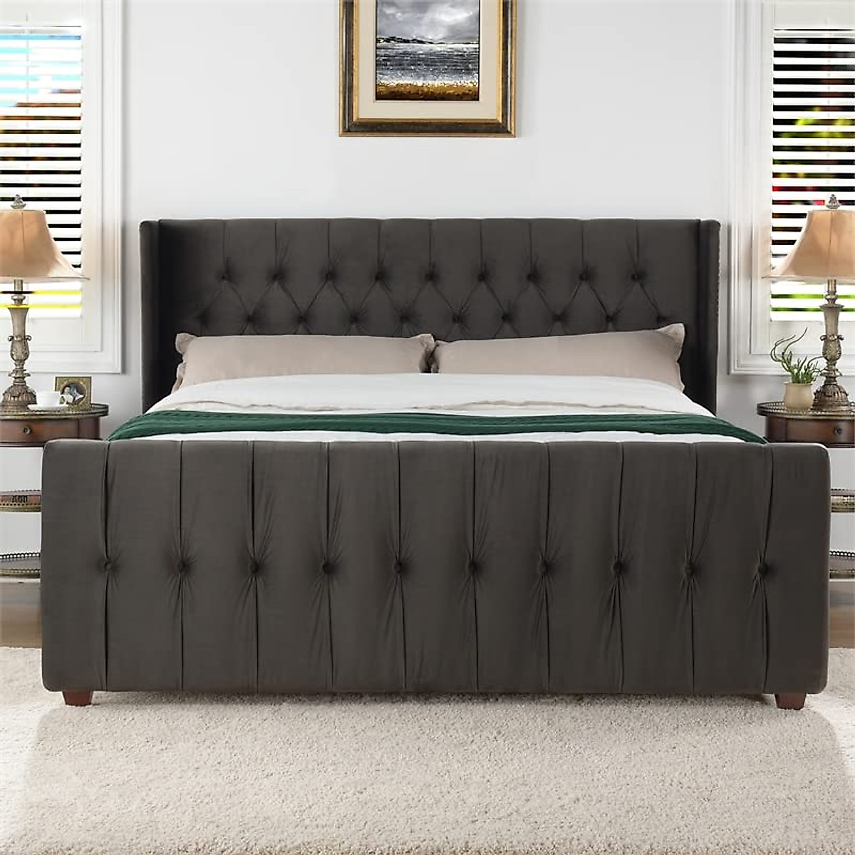 Jennifer Taylor Home David Collection Modern Upholstered King Size Size Bed Frame, Hand Tufted and Nailhead Trim, Dark Charcoal Grey