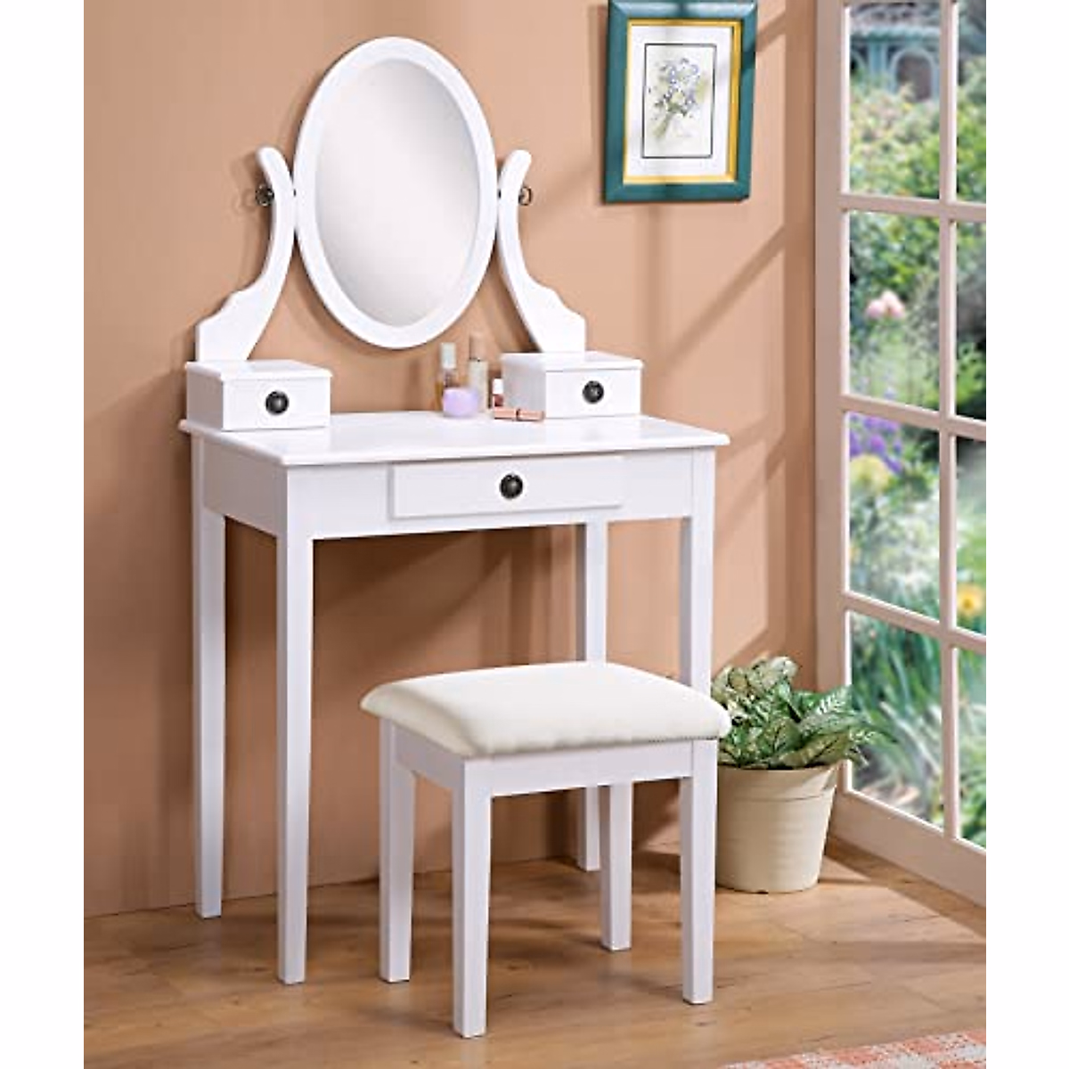 Roundhill Furniture Moniya White Wood Vanity Table and Stool Set (3415WH) Medium