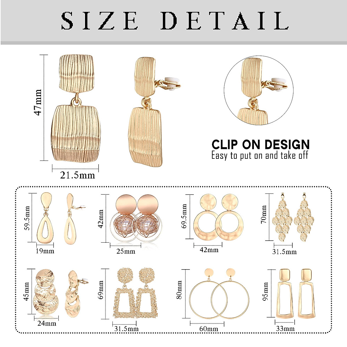 Subiceto 9 Pairs Gold Clip on Earrings for Women Statement Clip On Earrings Large Gold Geometric Clip Earrings Square Rectangle Round Clip Dangle Earrings Non Pierced Earrings Set
