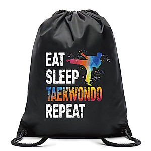 Pishovi Eat Sleep Taekwondo Repeat Drawstring Waterproof Backpack, Taekwondo Sports Bag for Man Women, Taekwondo Player Gifts, Gift for Taekwondo Lover