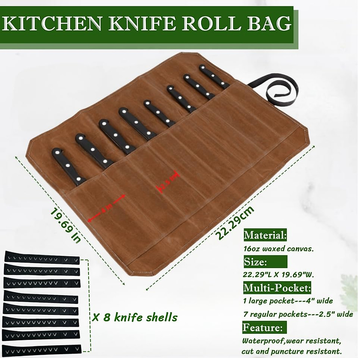 BLIRITEL Knife Roll, Waxed Canvas Chef Knife Roll Bag, 8 Knife Slots for Cutlery Knives, Portable Knife Bag Knives Pouch Holder protectors with 8 PCS Knife Sheath for Kitchen Travel Camping