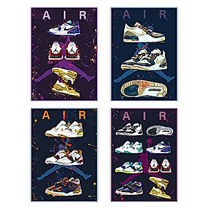 Sneaker Air Jordan Wall Art Poster Prints Set of 4 No1, Shoes Poster Art Sports, Themed Wall Art For Basketball fans Boys Room, Shoes Collection Aesthetic Cool Poster for Teen Boys Guys Men Room Dorm Bedroom Wall Decor Size 11.7x16.5 inch UNFRAMED (Sneake