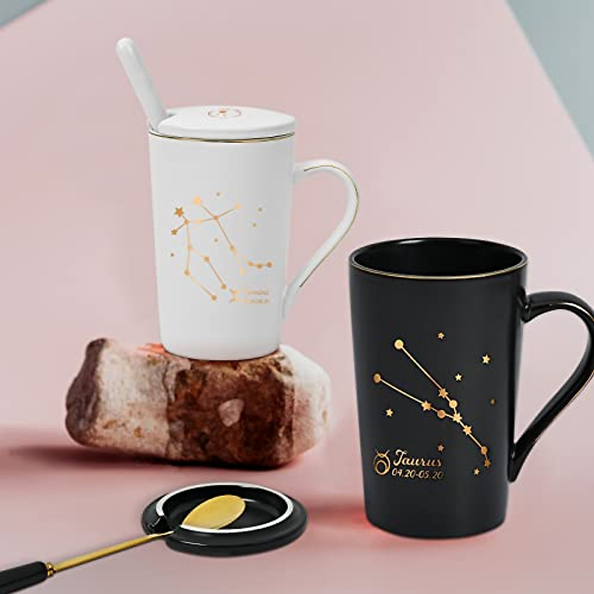 YHRJWN - Taurus Constellation Zodiac Sign Star Coffee Mug, Birthday Gift for Women, Girls, Men, Teens, 12 Horoscope Astrology Lovers, 14 Oz Black (Spoon, Lid, Gift Box)