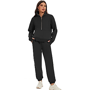 COZYPOIN Women Fleece 2 Piece Outfit Half Zip Sweatshirt and Joggers Sweatpants Y2K Set Tracksuit(Black-M)