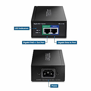 TRENDnet Gigabit PoE++ Injector, Supplies PoE (15.4W), PoE+ (30W), or PoE++ (60W), Network A PoE Device Up to 100m(328 ft), Supports IEEE 802.3af,802.at, Plug & Play, Black, TPE-117GI