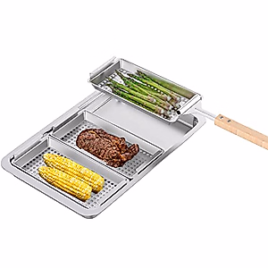 BBQration 3-in-1 Grill Basket Set, Thick Stainless Steel 3 Grilling Baskets, Serving Tray and Movable Handle, Perfect For Grilling Veggies Meats and Fish