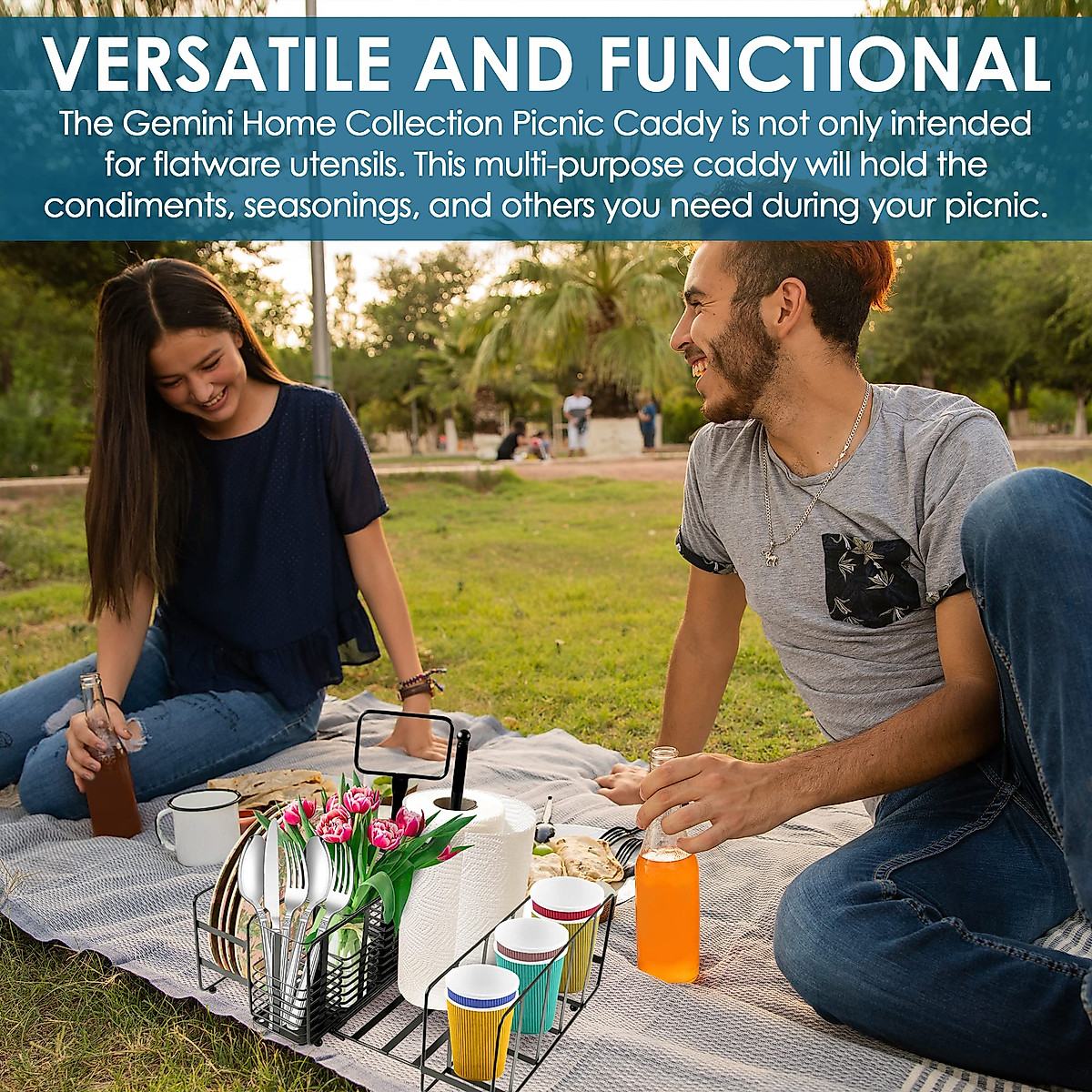 Gemini Home Collection Picnic Caddy, Outdoor Picnic Condiment Organizer, and Flatware Utensil Caddy, Silverware Condiment Organizer Suitable for Dining, Entertaining, Picnics, Kitchen