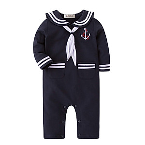 stylesilove Baby Toddler Boys Marine Sailor Cotton Romper with Hat and Necktie 3pcs Festival Jumpsuit (Navy Blue, 90/12-18 Months)