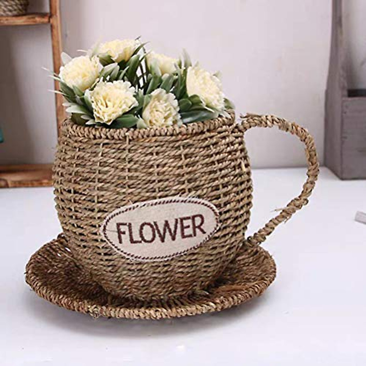 Cabilock Woven Teacup Flower Basket Rattan Woven Basket Desktop Decor Woven Flower Vase Fiddle Leaf Fig Wicker Woven Basket Dining Table Planter Water Plant Weaving Indoor Household Basket