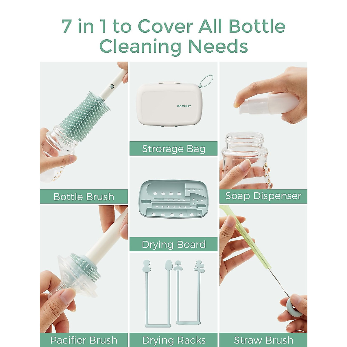 Momcozy Bottle Brush Set - Baby Bottle Cleaner Kit with Silicone Brush, Nipple Brush, Straw Brush, Soap Dispenser, Drying Rack - 7 in 1 Bottle Cleaning Tool for Home and Travel, Green