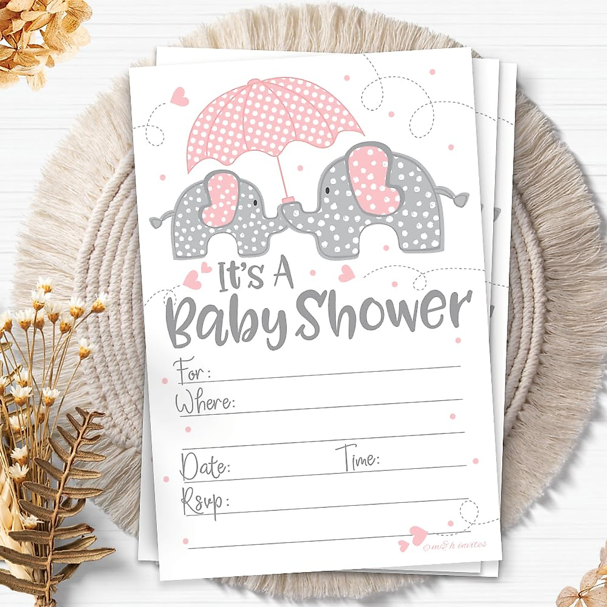 Pink Elephant Girl Baby Shower Invitations (20 Count) with Envelopes