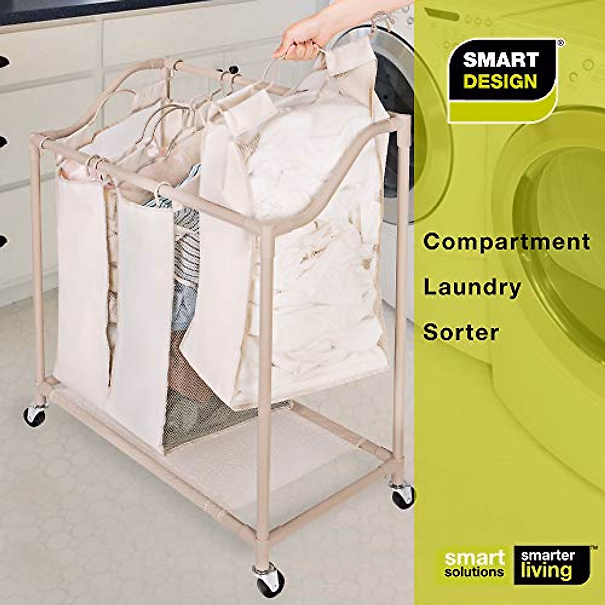 Smart Design Deluxe Rolling Triple Compartment Laundry Sorter Hampers with Wheels - Holds 6 Loads - Sturdy Steel Metal Frame - Clothes and Laundry - Home Organization - 30 x 32 Inch - Beige