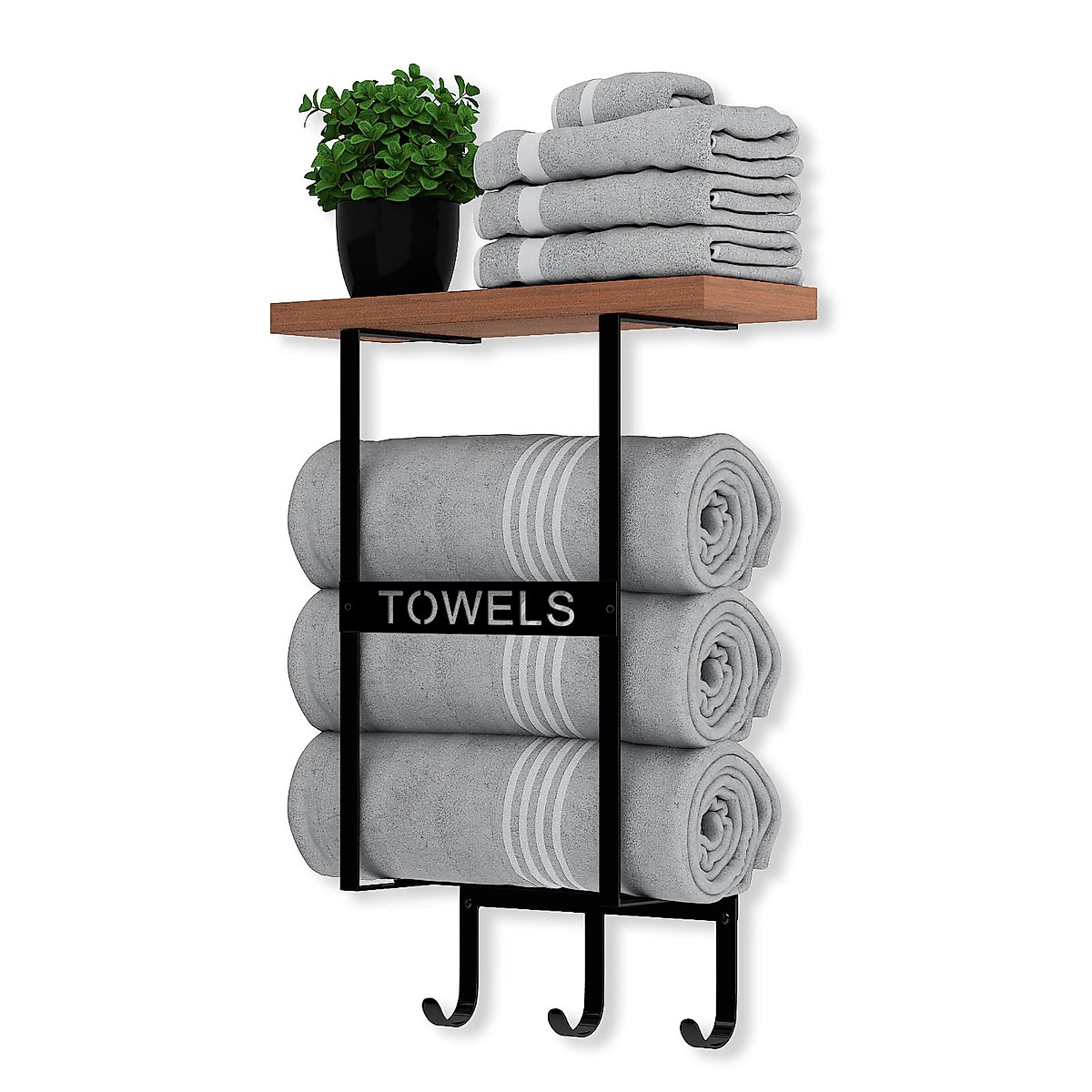 Towel Rack, ZUJJAFY Racks for Bathroom Storage Wall Mounted Holder Decor, Bath Organizer with Wooden Shelf and Hooks Rolled Towels Matte Black With ''Towels'' Logo