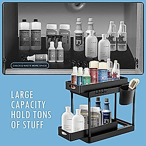 2 Tier Under Sink Organizers and Storage with 2 Sliding Drawers, Bathroom Organizer Under Sink Shelf, Multi-use Under Sink Storage Kitchen Basket with Hooks & Hang Cups for Countertop Cabinets